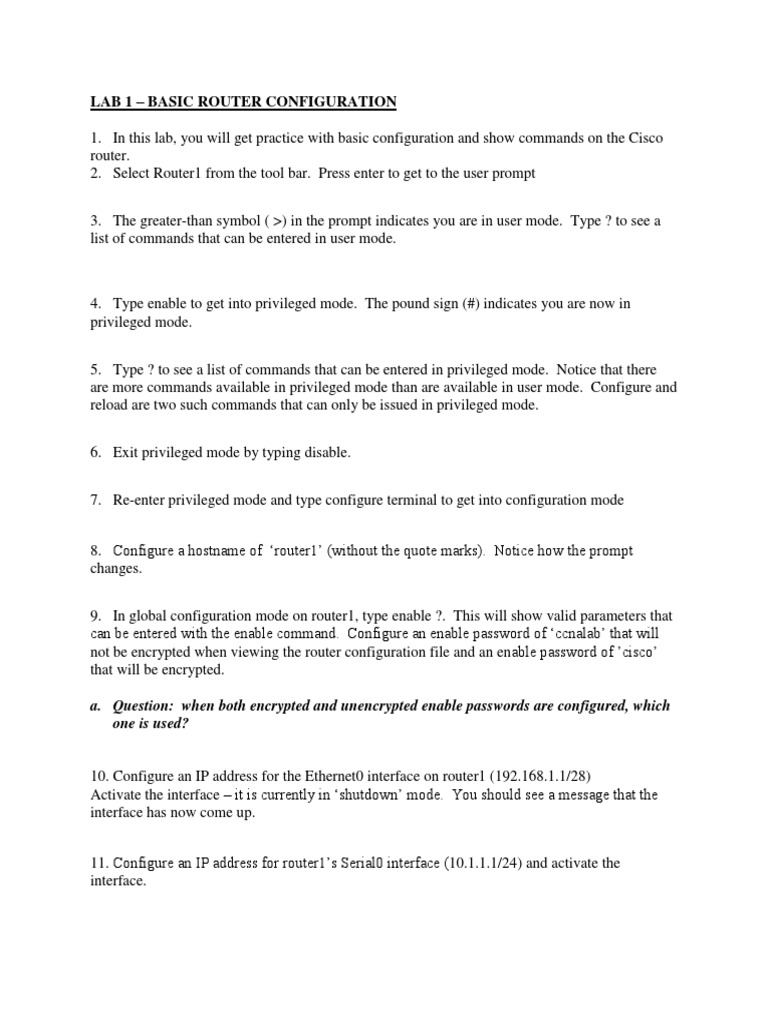 Lab 1 - Basic Router Configuration | PDF | Network Protocols | Internet