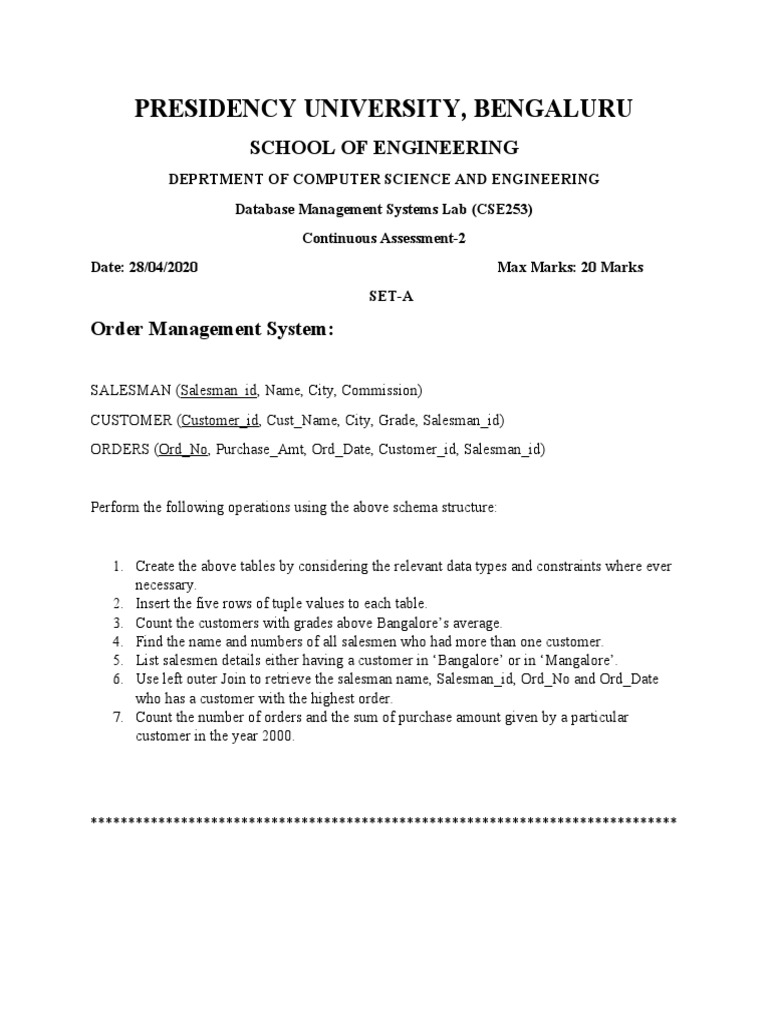 DBMS Lab Continuous Assessment - DBMS - Lab - Ca2 - Set-A&b | PDF | Databases | Data