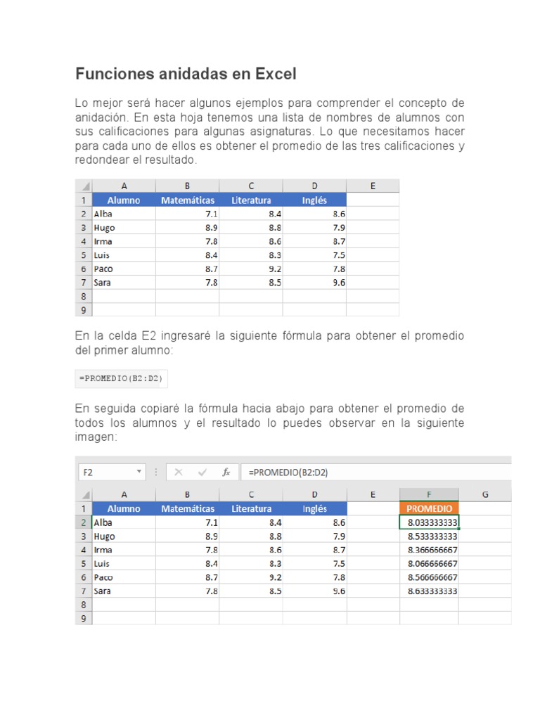 10.funciones Anidadas en Excel | PDF | Microsoft Excel | Sustracción