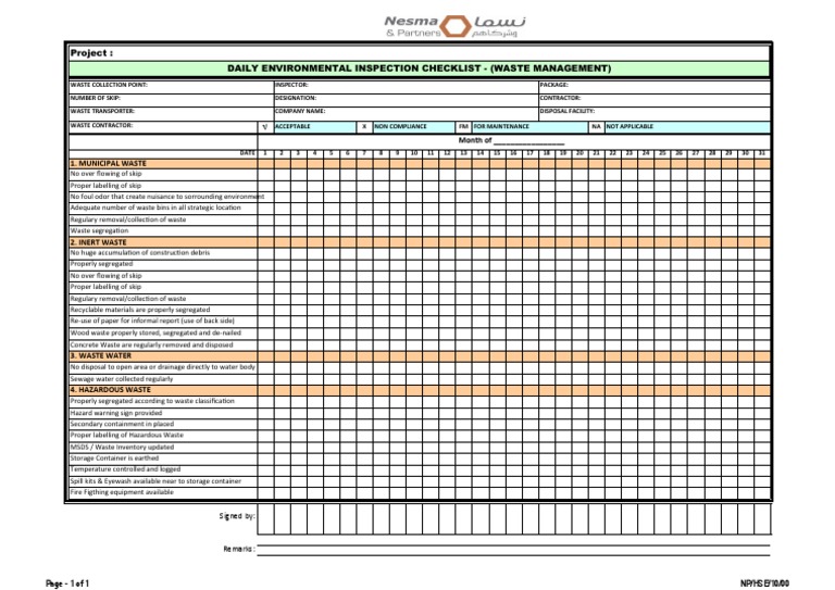 Daily waste inspection checklist | PDF | Waste Management | Waste