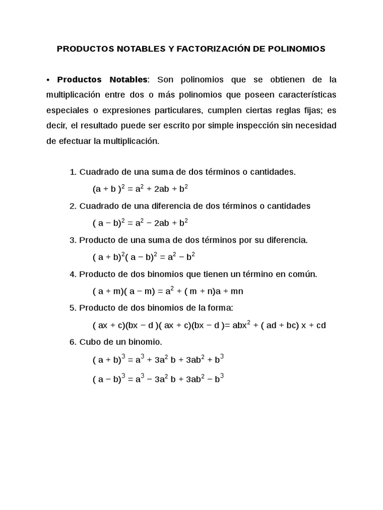 Productos Notables Factorización Pdf Factorización Multiplicación