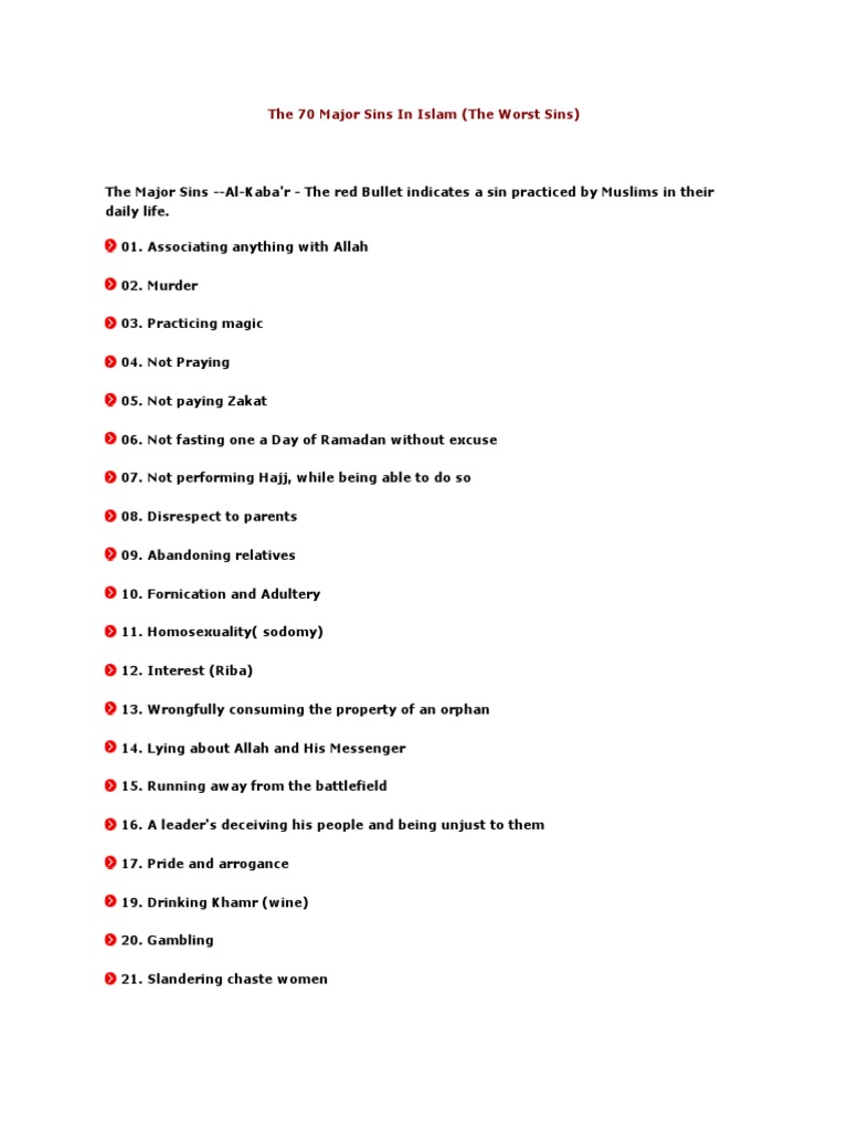 The 70 Major Sins in Islam (The Worst Sins) | PDF | Religion And Belief
