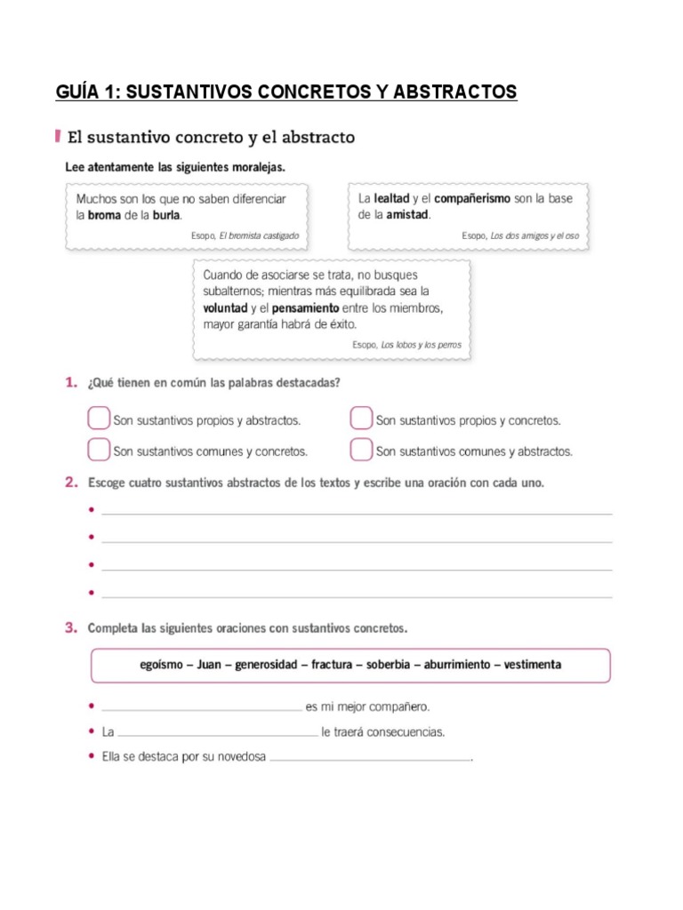 Ejercicios de Sustantivos Concretos y Abstractos | PDF | Libros para ...