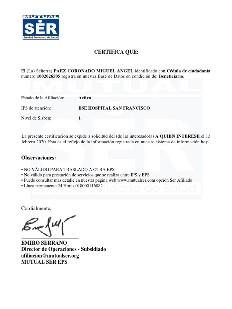 Certificado de afiliación a la EPS Mutual Ser para Miguel Angel Paez Coronado | PDF