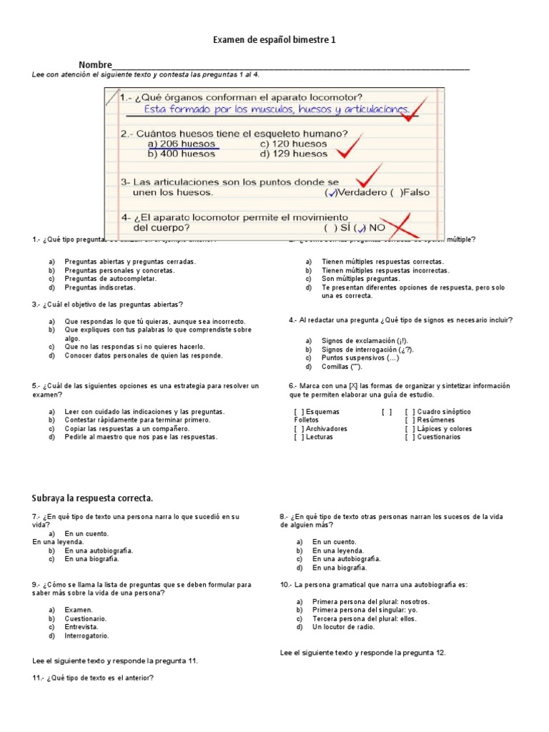 Examen de Espaniol Bimestre 1 | PDF | Prueba (evaluación)
