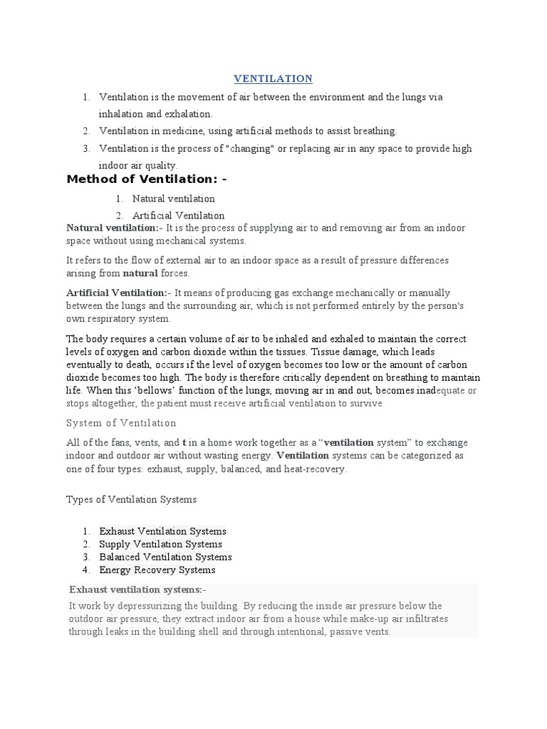 ACT Notes (Ventilation) | PDF | Breathing | Ventilation (Architecture)