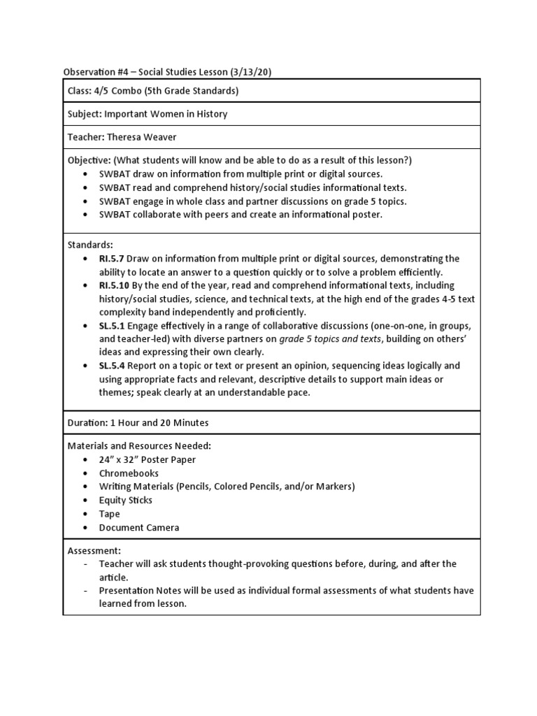 Supervisor Observation 4 Social Studies | PDF | Teachers | Classroom