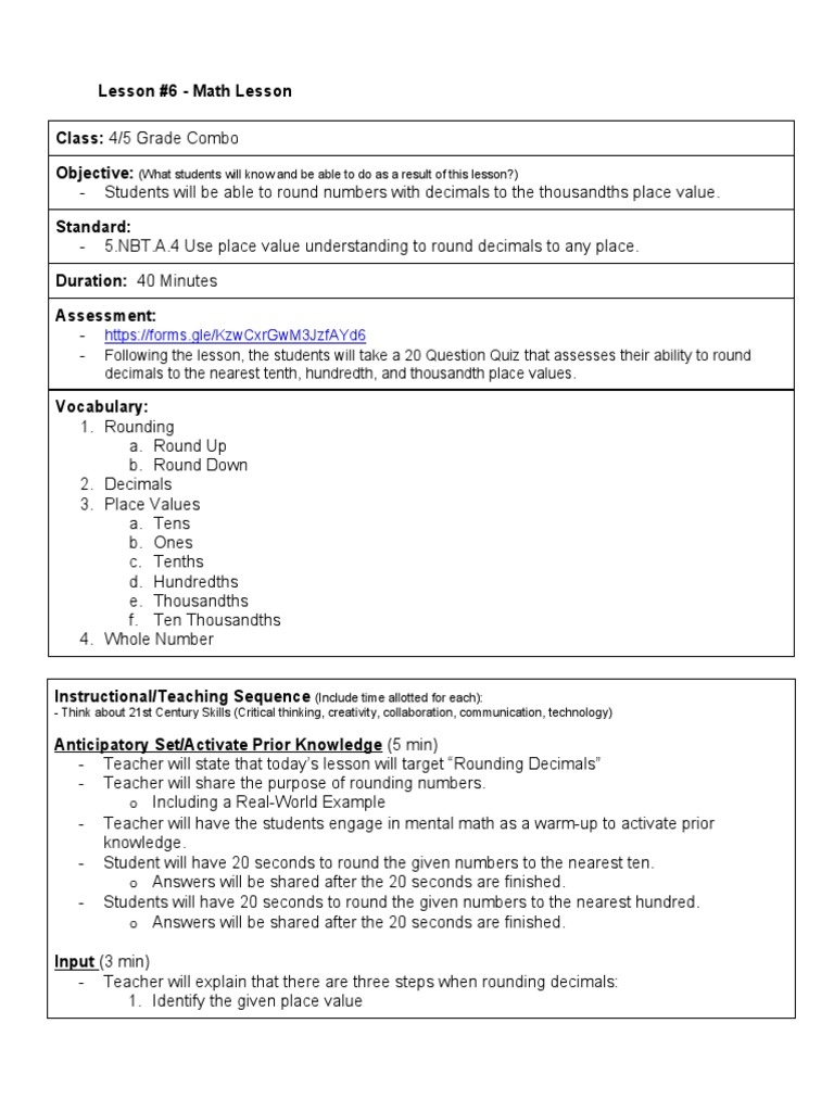 Rounding Decimals Lesson Plan | PDF | Educational Assessment | Teachers