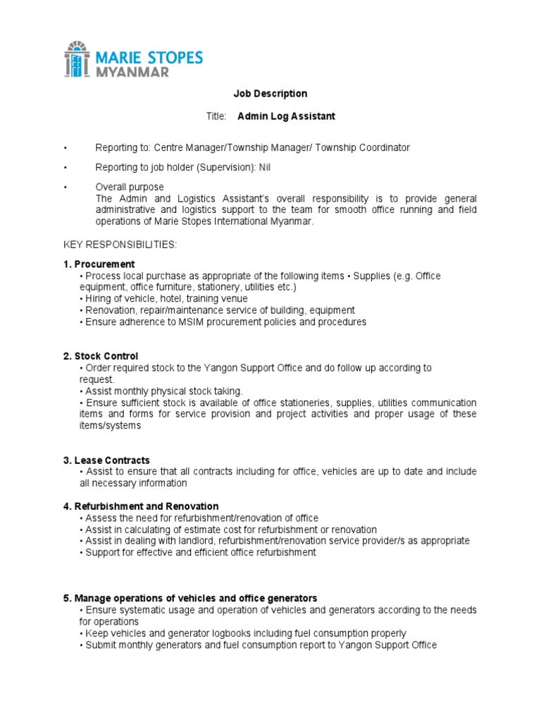 Admin and Logistics Assistant Role | PDF | Logistics | Vehicles