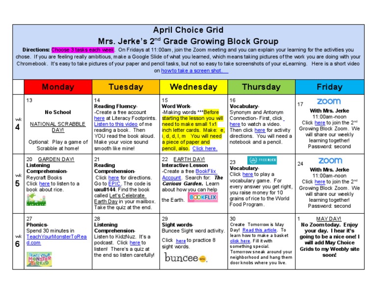 2nd Grade April Choice Board 2 | PDF | Screenshot | Learning