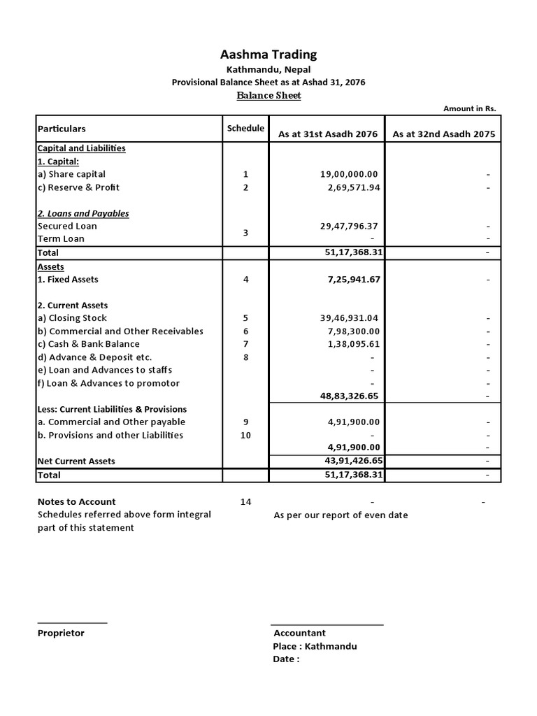 Aashma Trading: Provisional Balance Sheet As at Ashad 31, 2076 | PDF ...