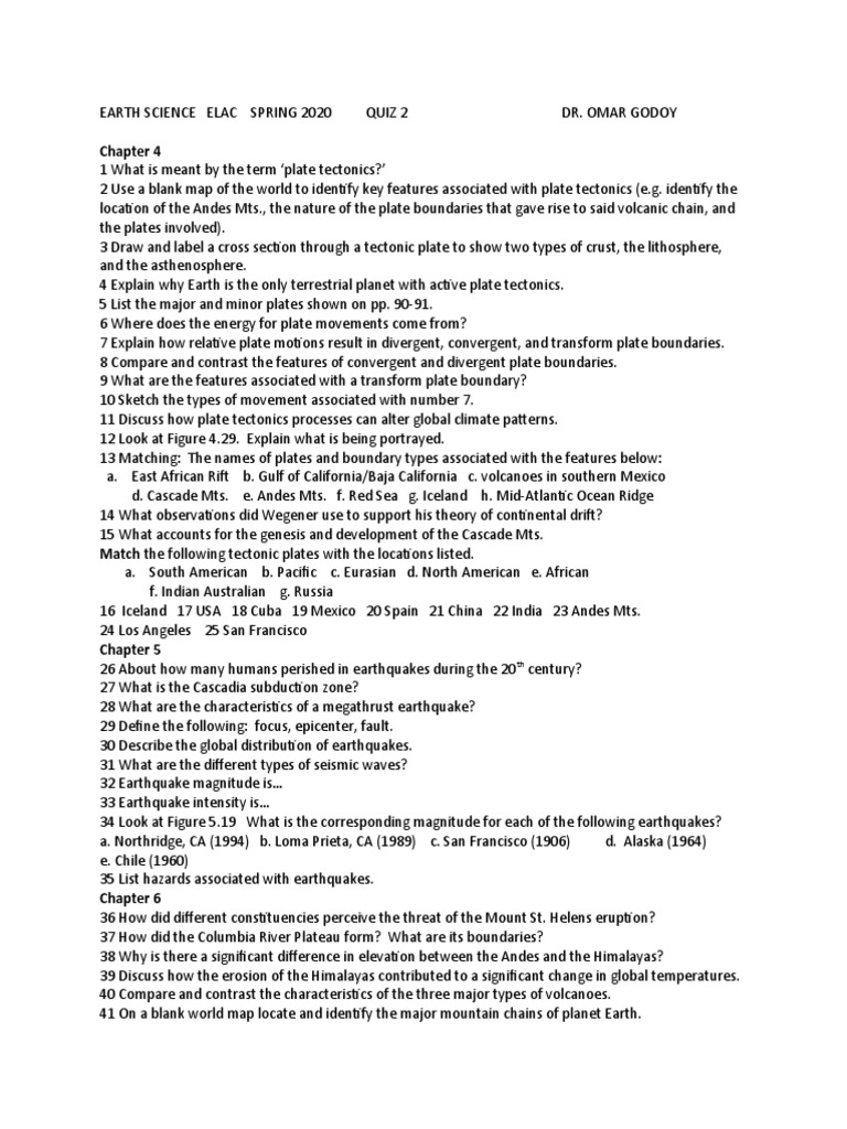 Earth Sci Quiz 2 Elac Spring 2020 Quiz 2 DR | PDF | Plate Tectonics ...