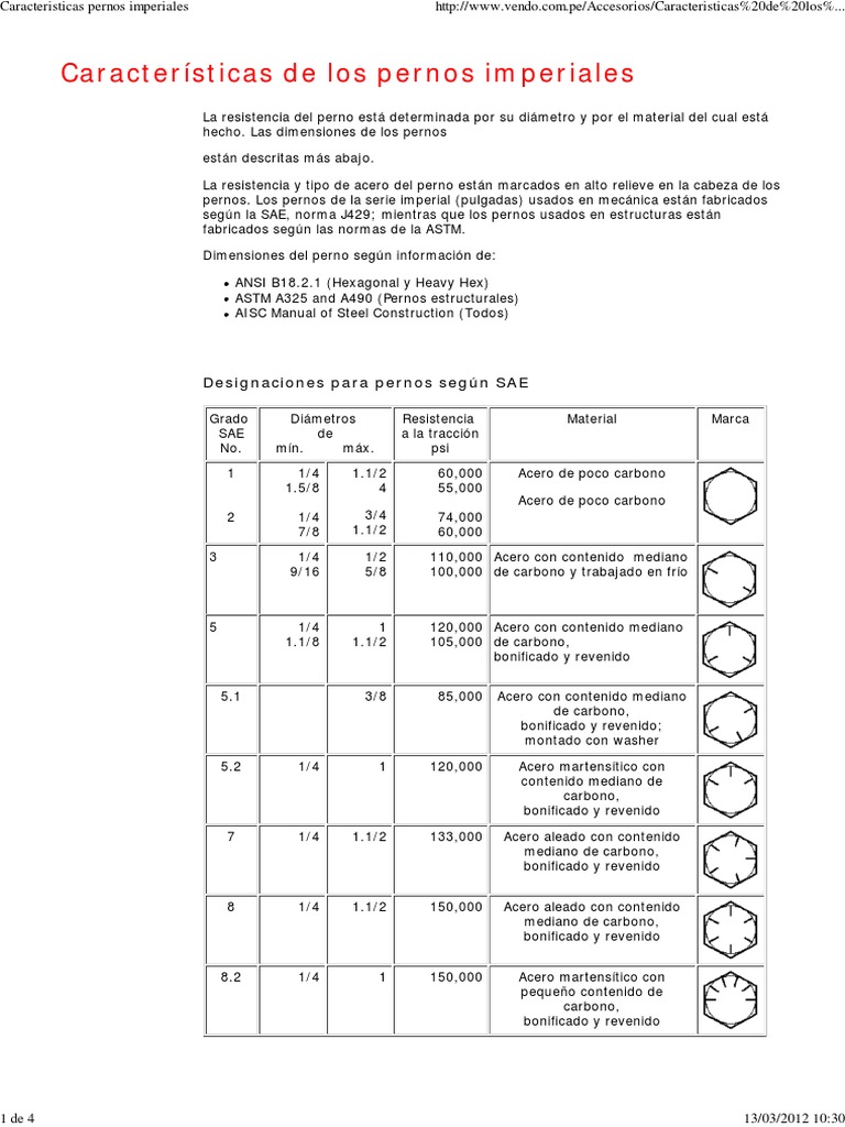 Caracteristicas Pernos Tablas Medidas Llaves PDF | PDF | Acero | Materiales