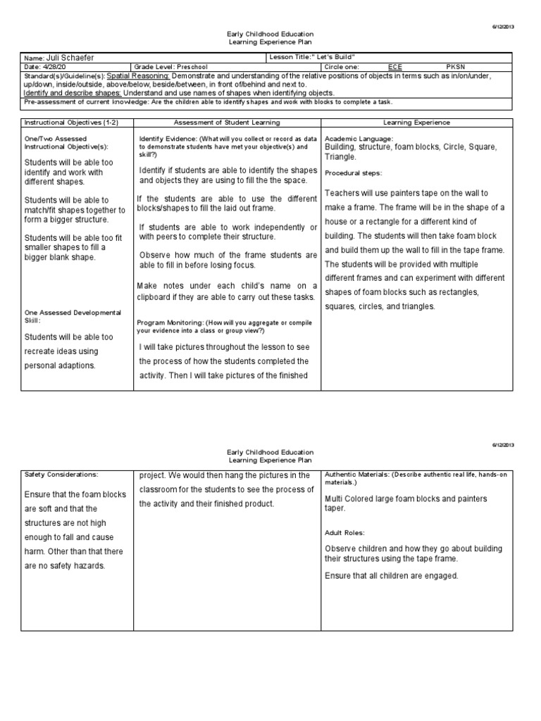 Ece Lesson Plan 1 | PDF | Early Childhood Education | Education Theory