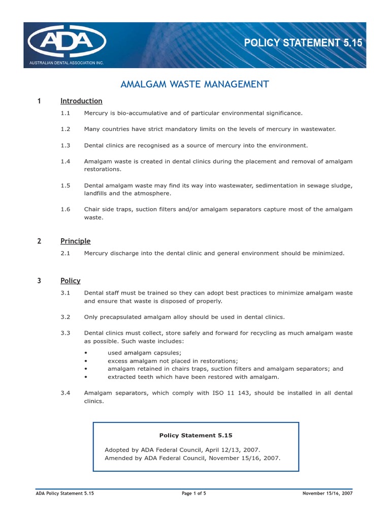 Amalgam Waste Management: Policy Statement 5.15 | PDF | Incineration ...