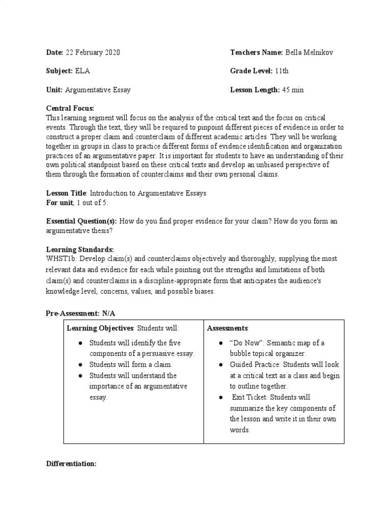 Argumentative Essay Lesson Plan for 11th Grade | PDF | Essays | Word