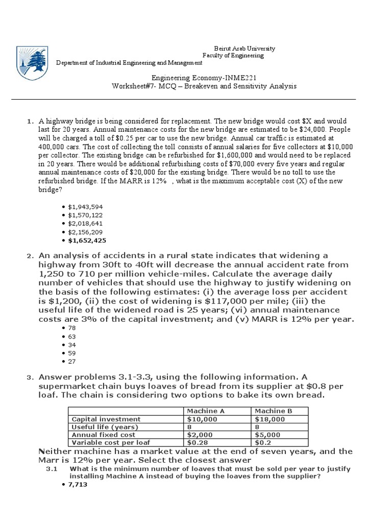 Breakeven & Sensitivity Analysis Worksheet | PDF | Toll Road | Kilowatt ...