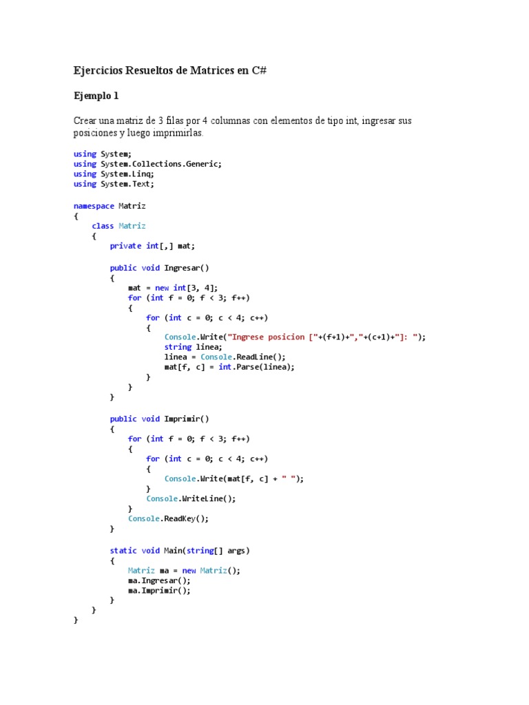 Ejercicios Resueltos de Matrices en C | PDF | C Sharp (lenguaje de ...