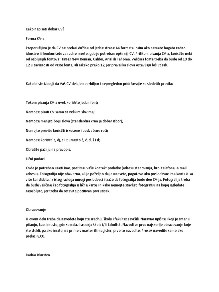 Kako Napisati Dobar CV | PDF