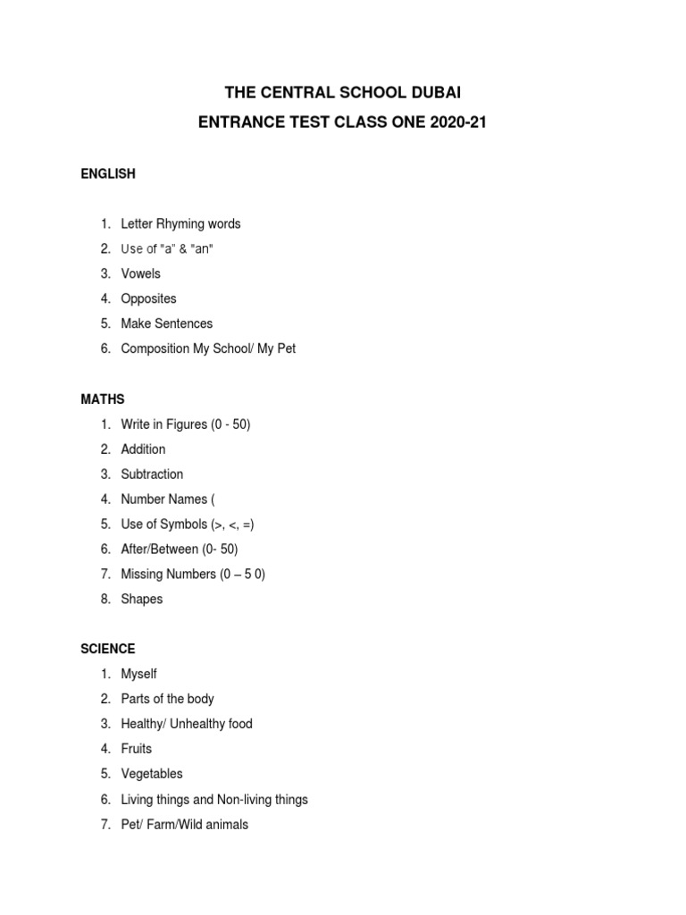 Class 1 Entrance Test Sample 2020-21 | PDF