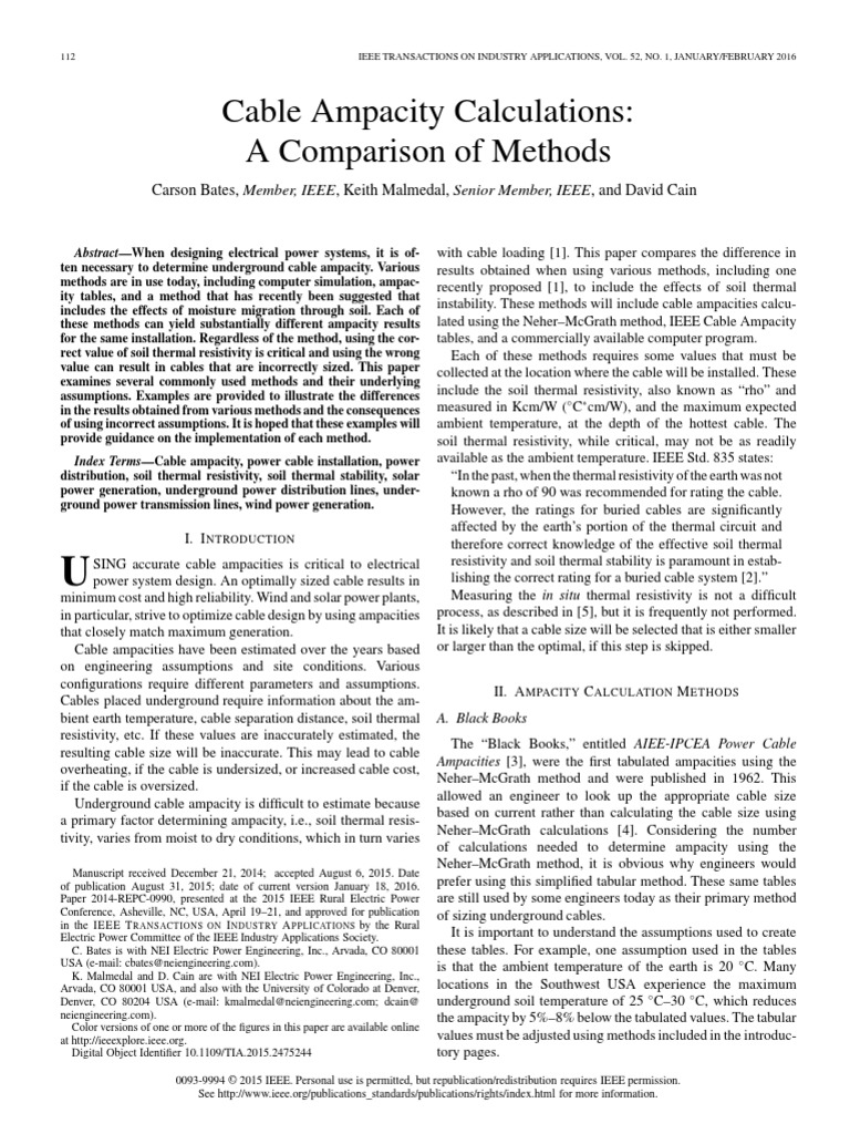 Cable Ampacity Calculations: A Comparison of Methods | PDF | Electrical ...
