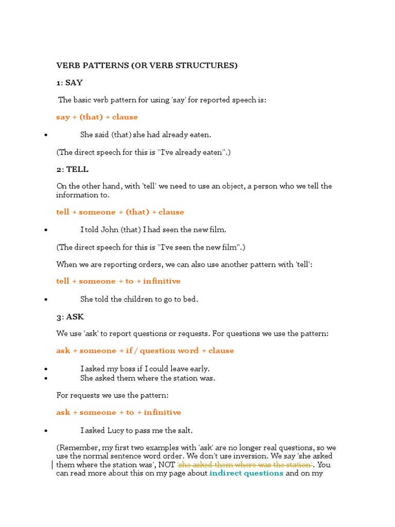 Verb Patterns (Or Verb Structures) 1: SAY | PDF | Question | Language ...