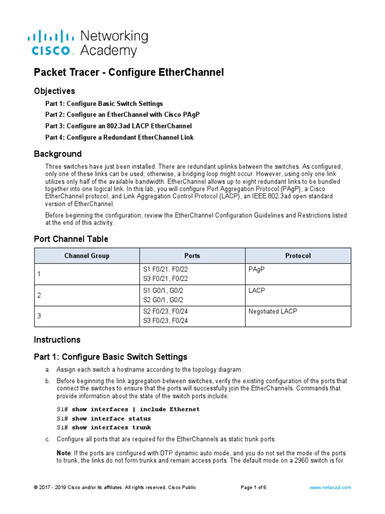 6.2.4 Packet Tracer - Configure EtherChannel | PDF | Computer Networking | Network Protocols