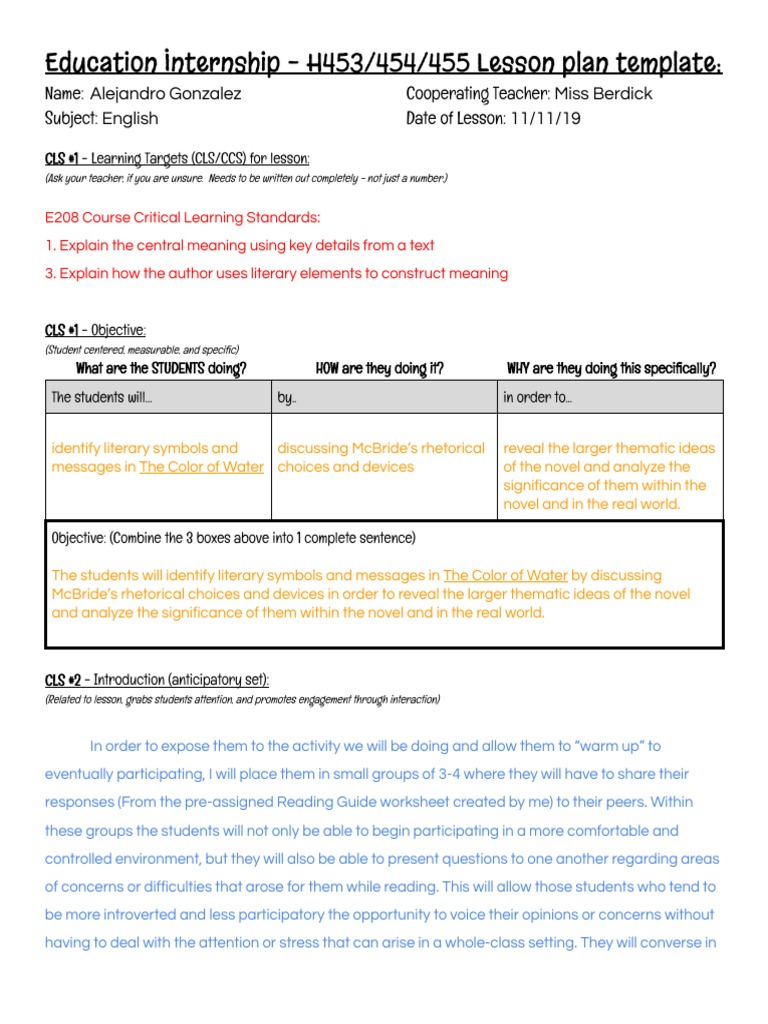 Sei - s1 Running Lesson Plan - Color of Water | PDF | Conversation ...