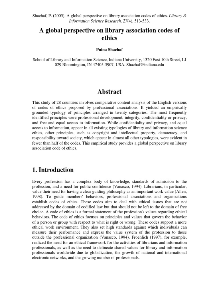 A Global Perspective On Library Association Codes of Ethics ...
