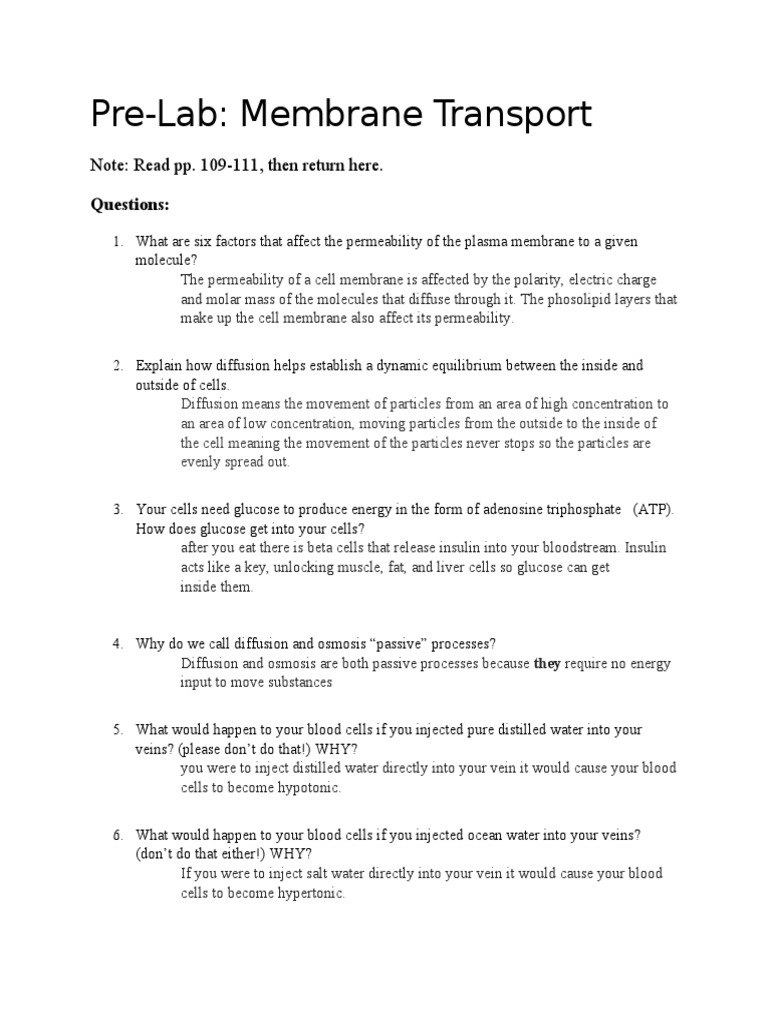Pre-Lab Membrane Transport 111 | PDF | Cell Membrane | Osmosis