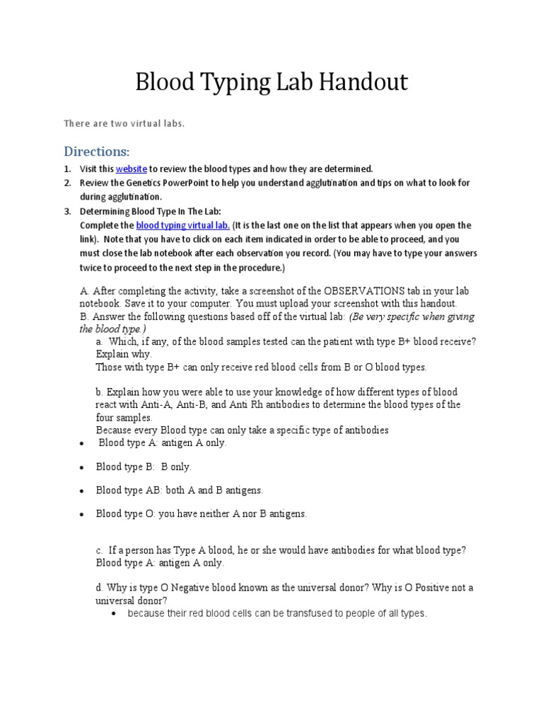 Blood Typing Lab Handout | PDF | Blood Type | Animal Anatomy