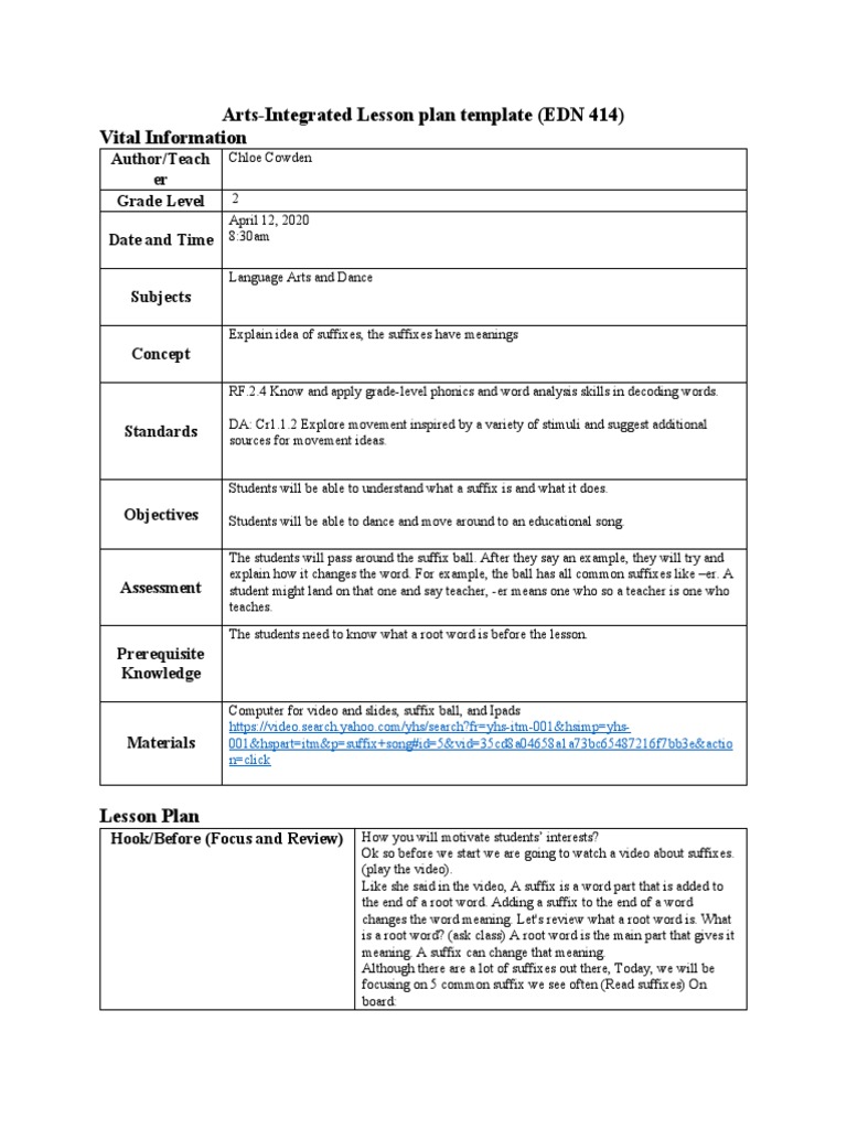 Edn 414-001 Arts-Integrated Lesson Plan Template 2020 | PDF | Lesson ...