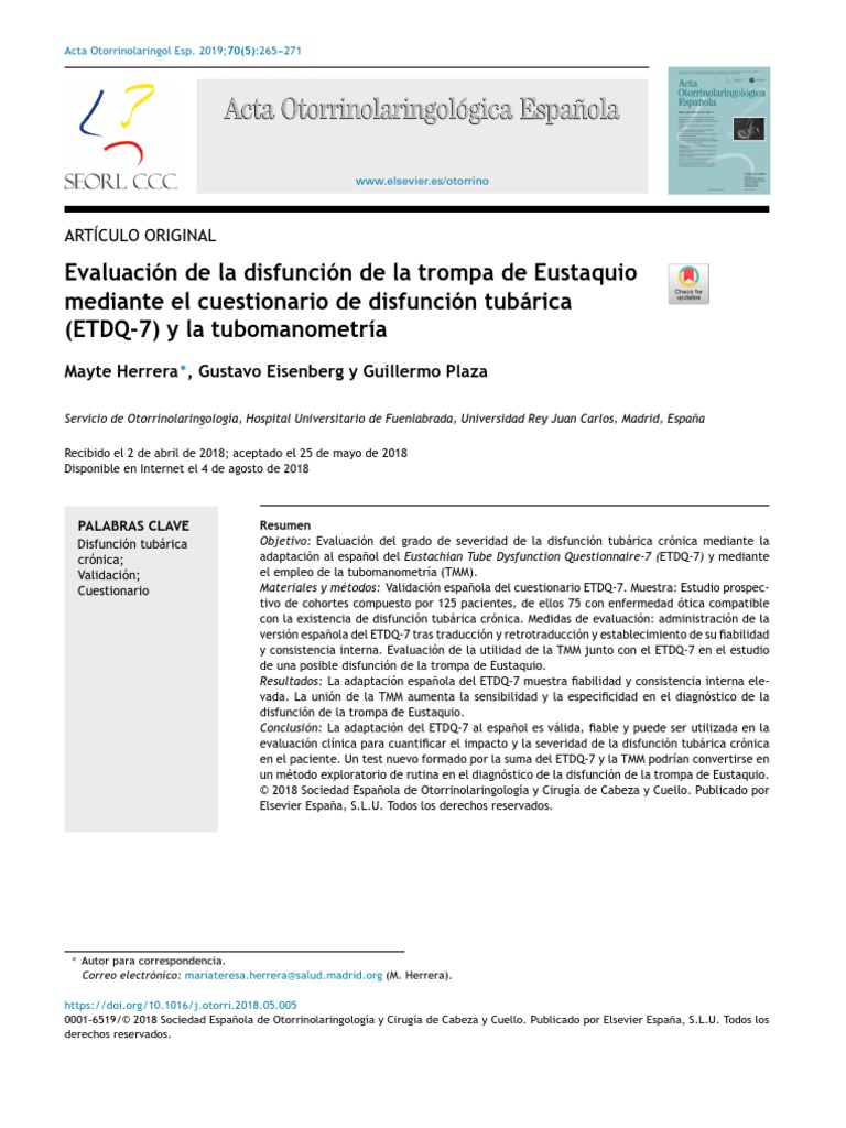 Evaluación de La Disfunción de La Trompa de Eustaquio Mediante El ...