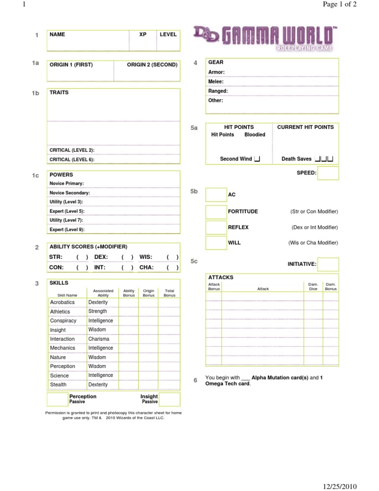 Gamma World Character Sheet | Leisure Activities | Role Playing