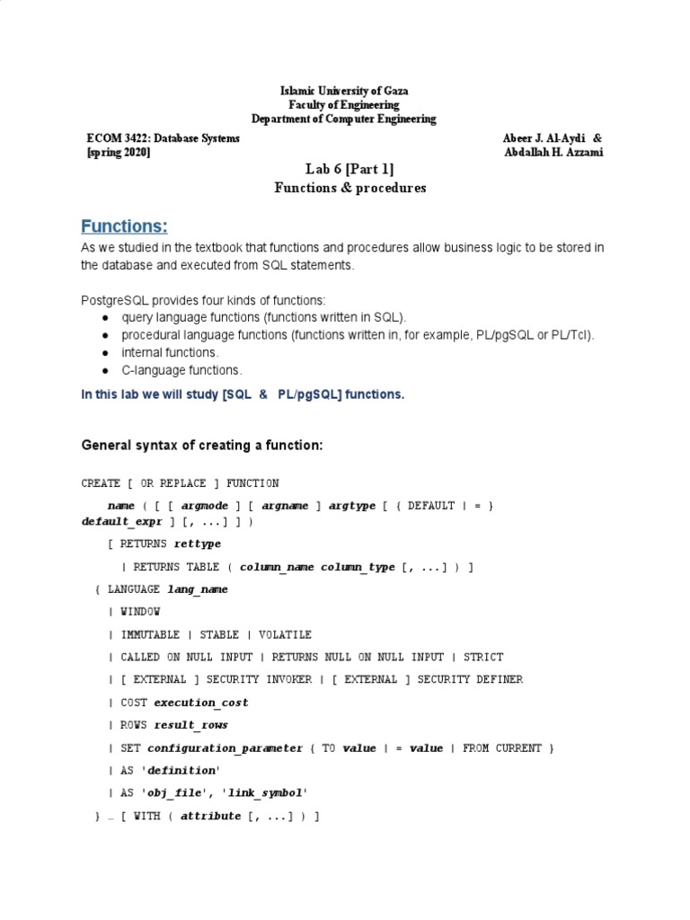 Functions:: Lab 6 (Part 1) Functions & Procedures | PDF | Parameter (Computer Programming) | Sql