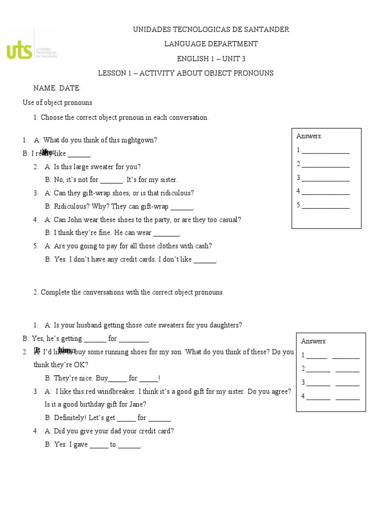 English 1 - Unit 3 - Lesson 1 - First Activity - Object Pronouns | PDF ...