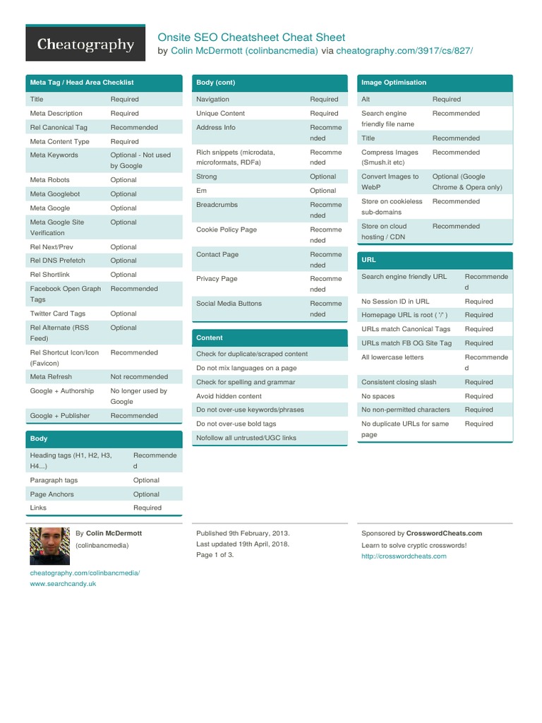 Onsite SEO Cheatsheet Cheat Sheet: by Via | PDF | Search Engine ...