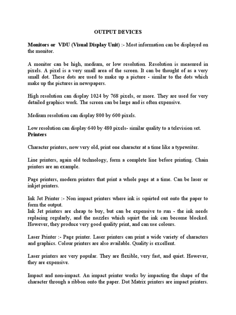 Output Devices Monitors or VDU (Visual Display Unit) :-Most Information ...