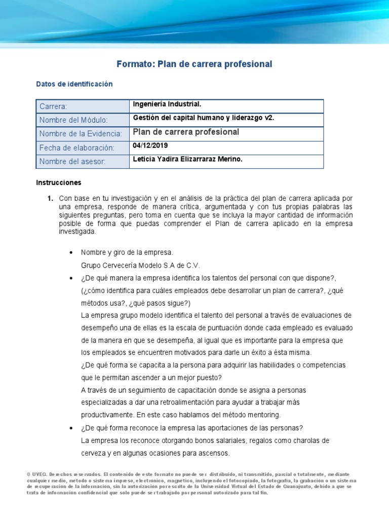 Formato: Plan de carrera profesional | Información | Evaluación