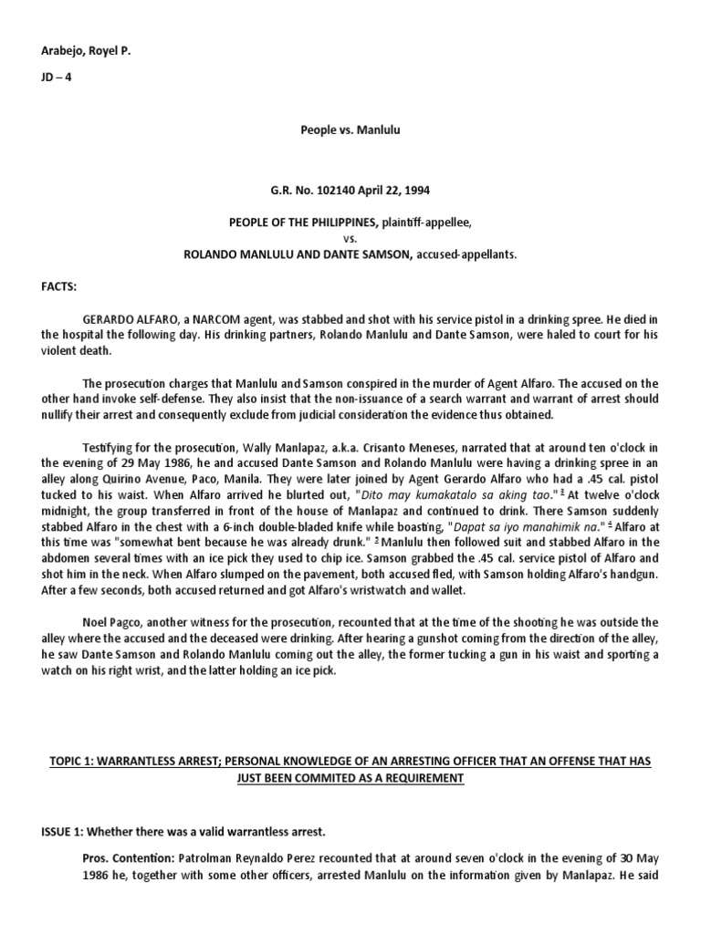 People vs. Manlulu: Warrantless Arrest and Claim of Self-Defense in a ...