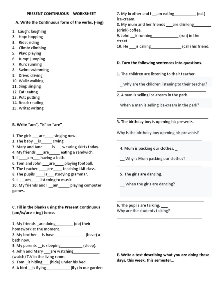 Present Continuous - Worksheet | PDF | Grammar | Linguistics