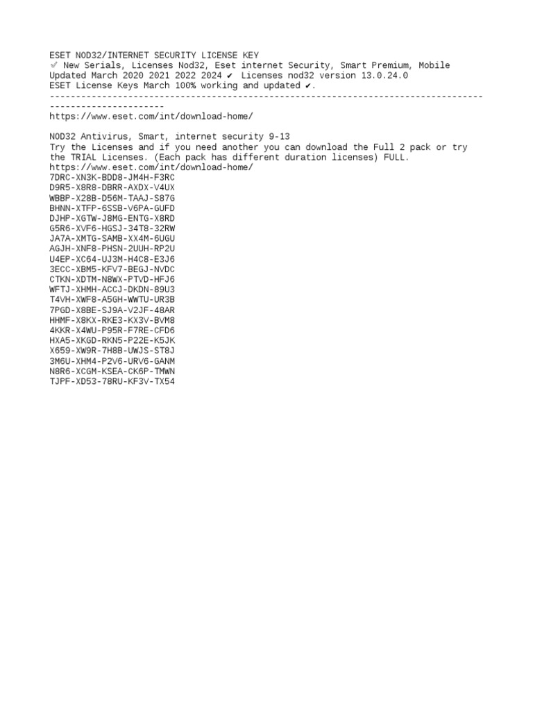 A Collection of ESET NOD32 and Internet Security License Keys for ...