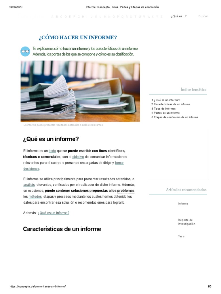 Informe - Concepto, Tipos, Partes y Etapas de Confección | PDF ...