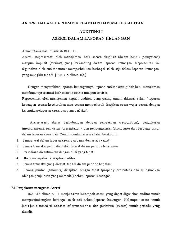 Asersi Dalam Laporan Keuangan Dan Materialitas | PDF