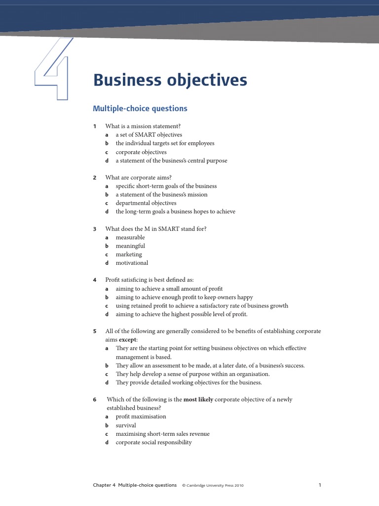 Business Objectives: Multiple-Choice Questions | PDF | Goal | Profit ...