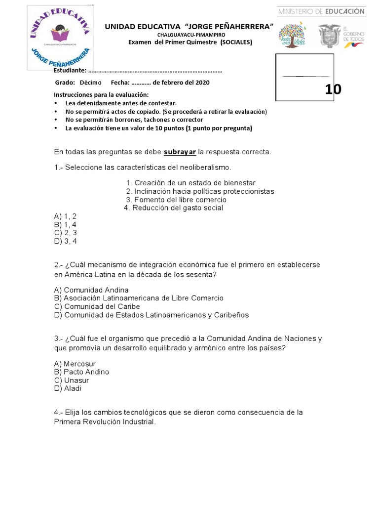 Examen 2019-2020 Décimo Soc.1 | PDF | Ecuador | America latina