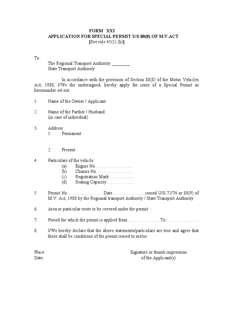 Form Xxi Application For Special Permit U/S 88 (8) of M.V.Act (See Rule ...