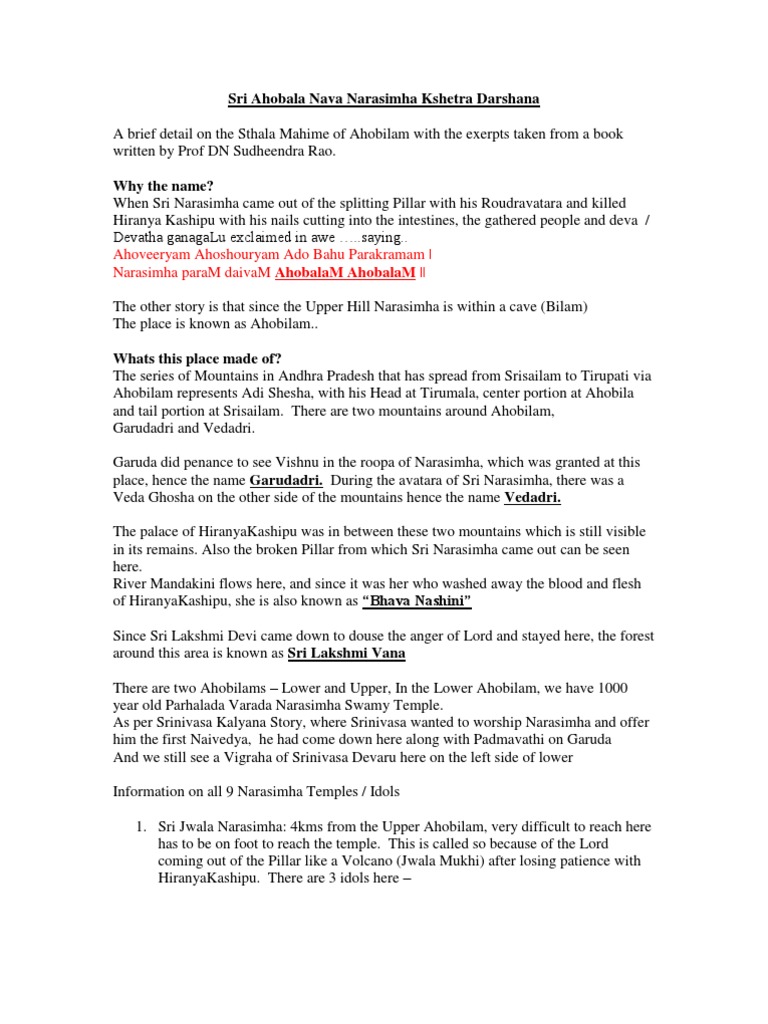 Sri Ahobala Nava Narasimha Kshetra Darshana | PDF | Deities | Forms Of ...