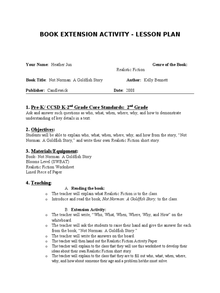 Realistic Fiction Extension Activity Lesson Plan | PDF