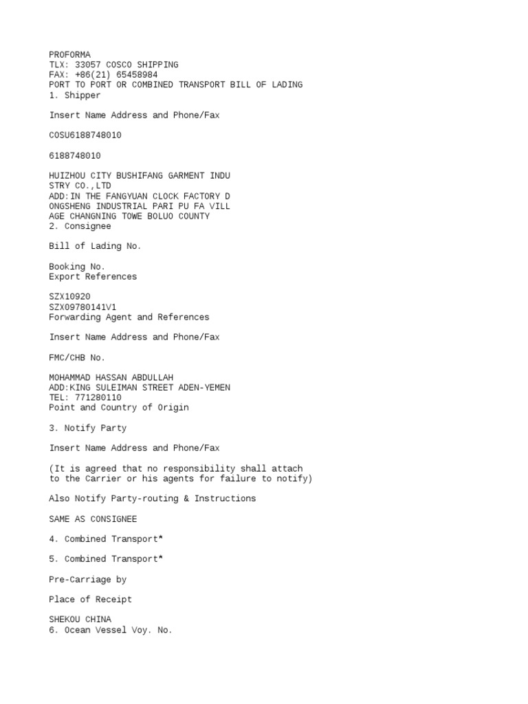 COSCO Shipping Proforma | PDF | Cargo | Bill Of Lading